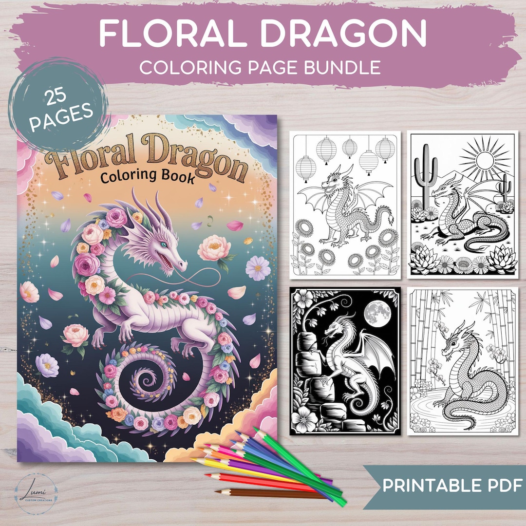 Floral Dragon Coloring Page Bundle PDF, Fantasy Mythical Creature ...