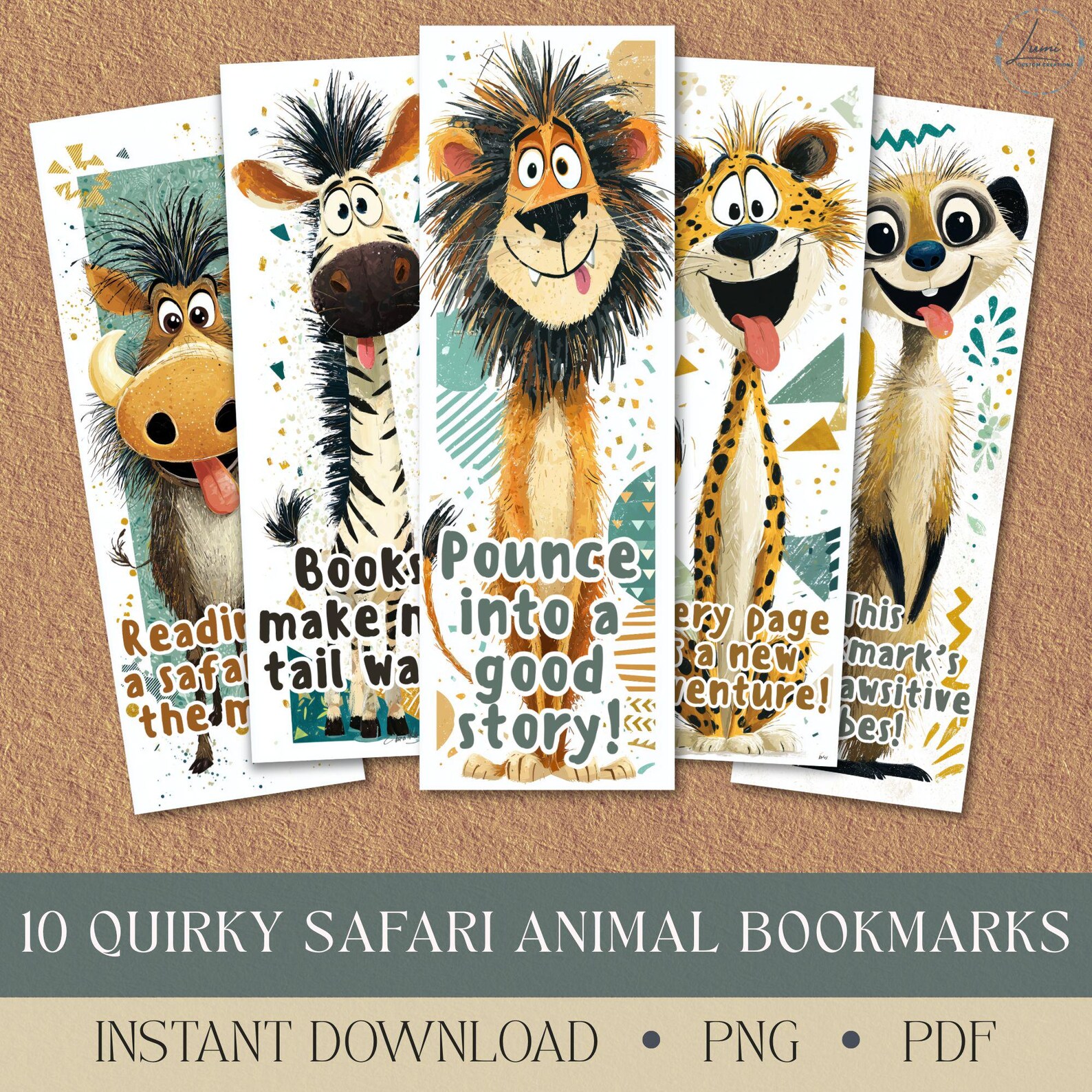 Quirky Safari Animal Bookmark Printable Pdf Bundle, Whimsical PNG ...