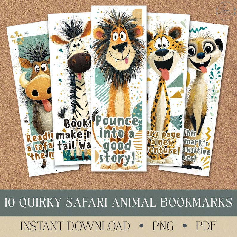 Quirky Safari Animal Bookmark Printable Pdf Bundle, Whimsical PNG ...