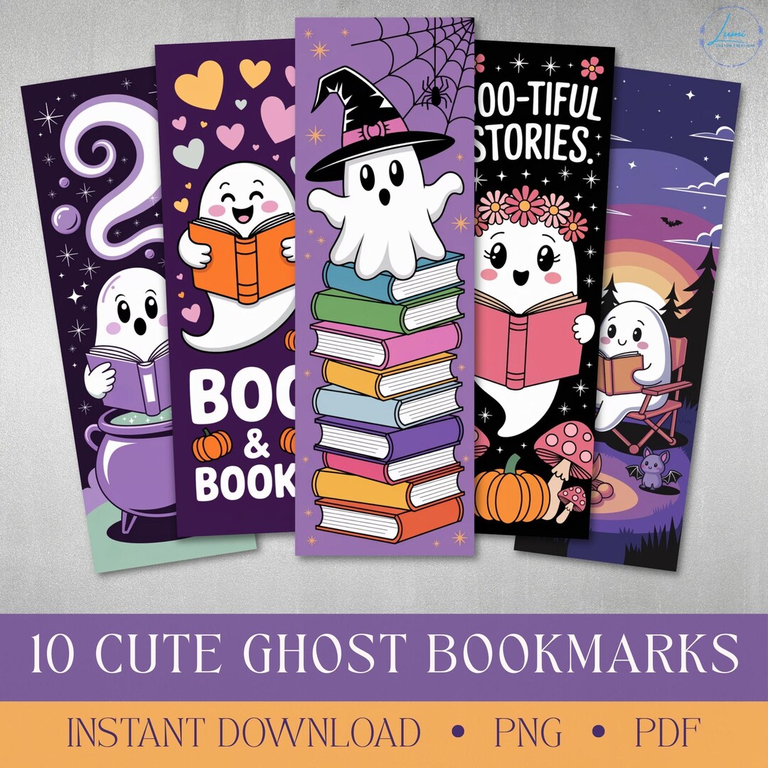 Cute Bookish Ghost Bookmark Printable Pdf Bundle, Kawaii Halloween ...