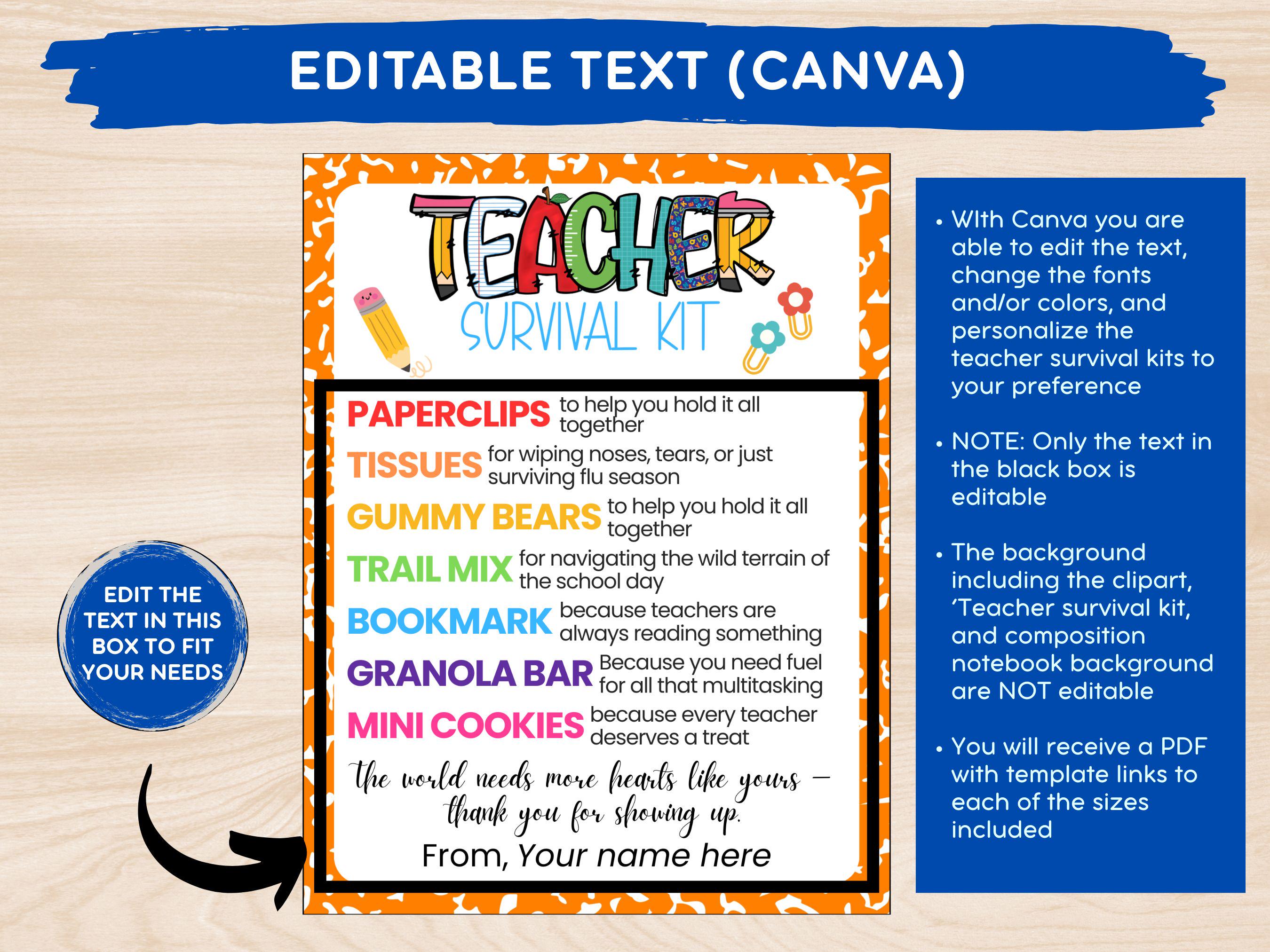 Editable Teacher Survival Kit Printable PDF, Back to School Gift ...