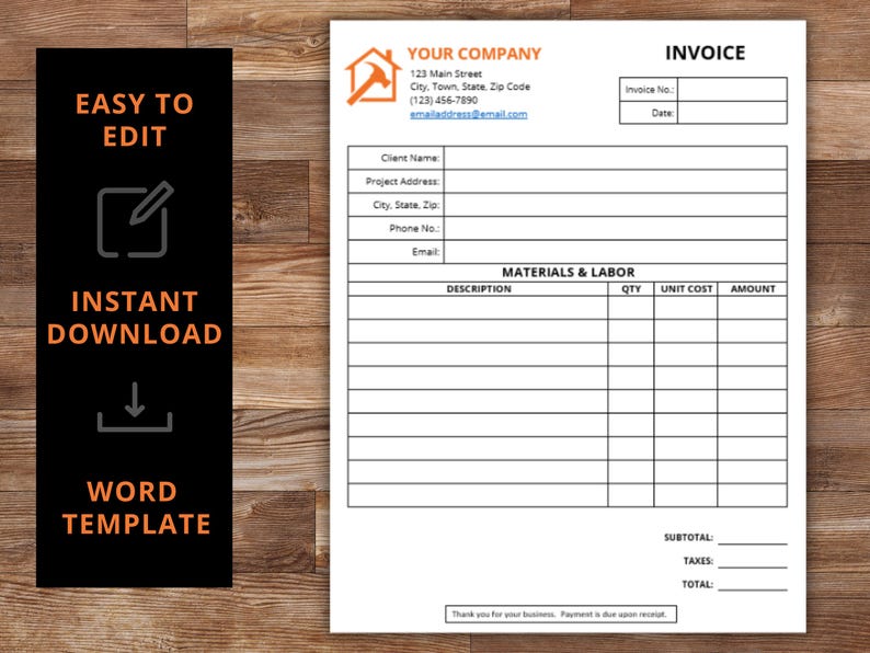 Contractor Invoice Template: Editable Business Form (digital Download ...