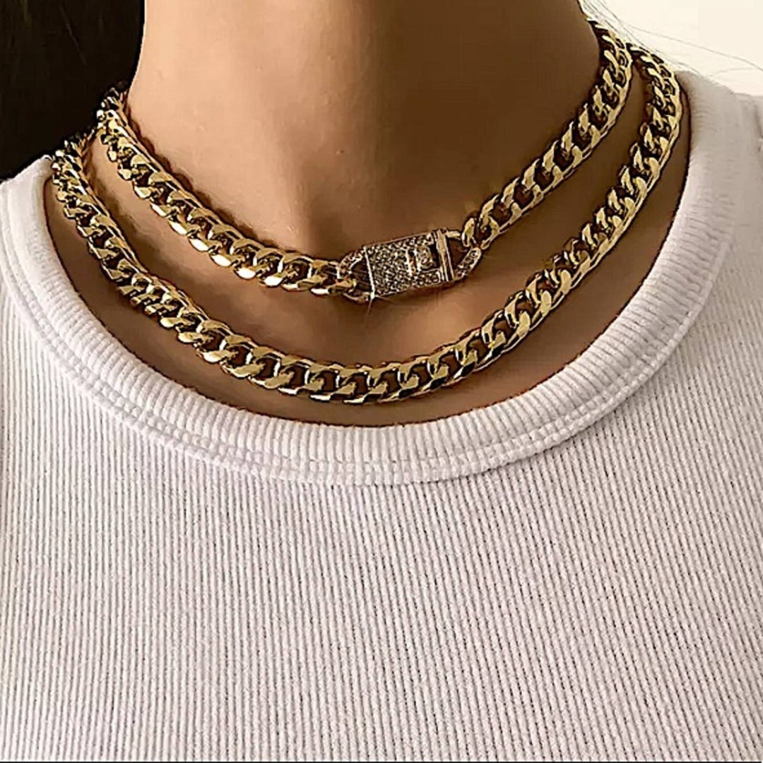 Cuban Lock Double Layered Rhinestone Chain Link Choker - Etsy