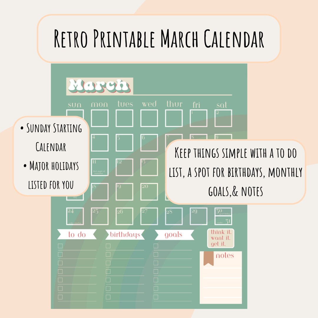 March 2024 Printable Retro Sunday Start Calendarprintable - Etsy