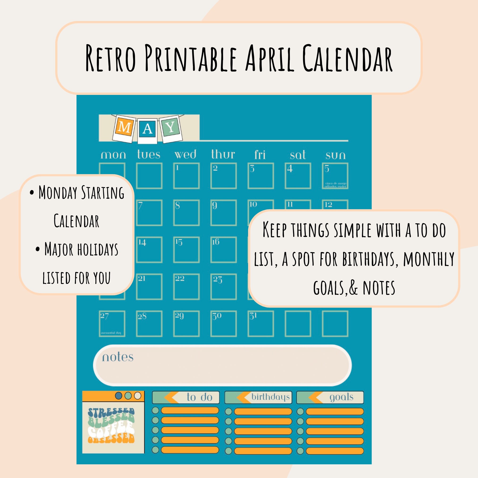 May 2024 Printable Retro Monday Start Calendar,printable Fillable ...