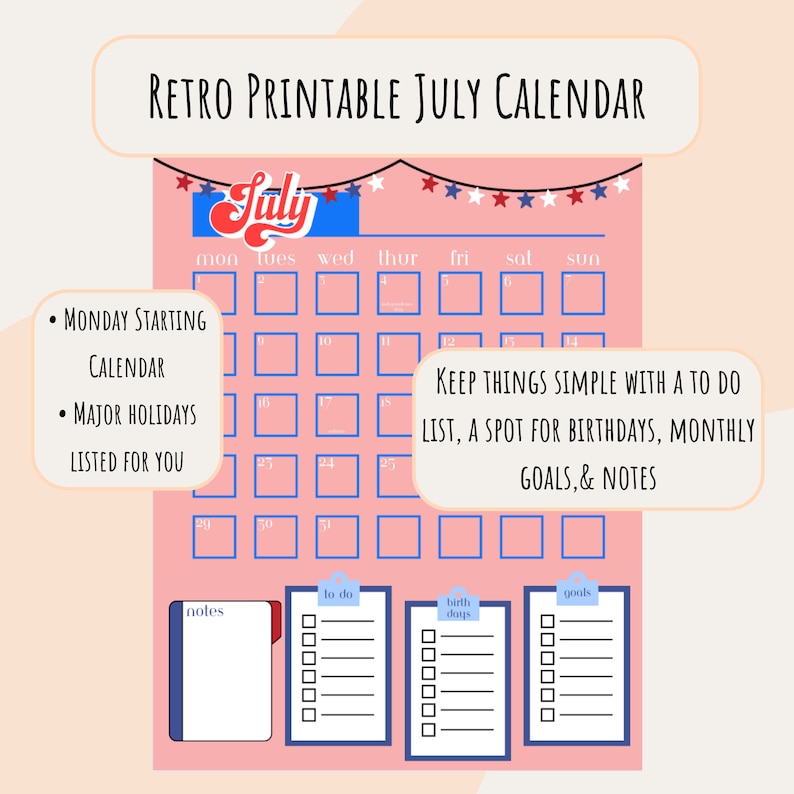 July 2024 Printable Retro Monday Start Calendarprintable - Etsy