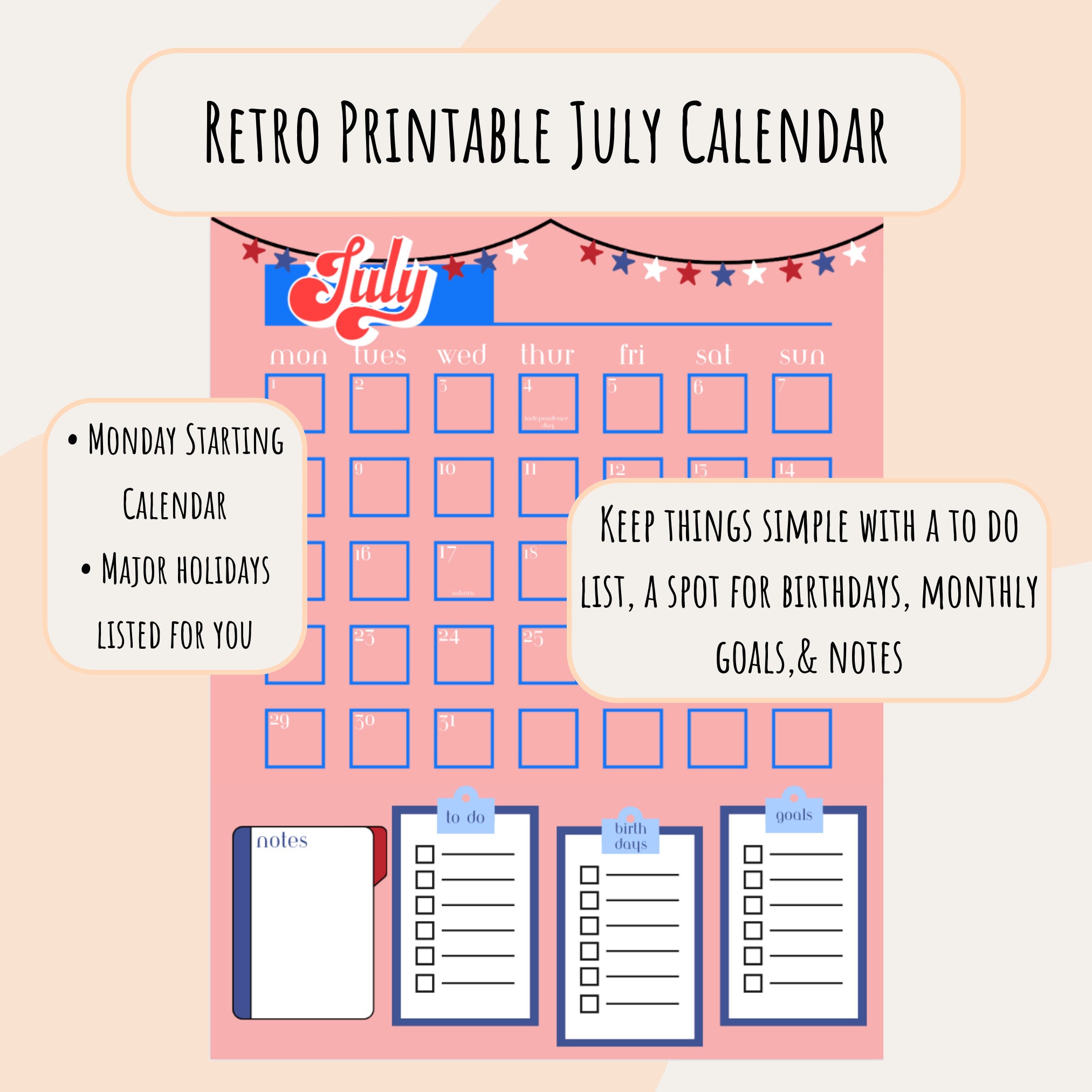 July 2024 Printable Retro Monday Start Calendarprintable - Etsy