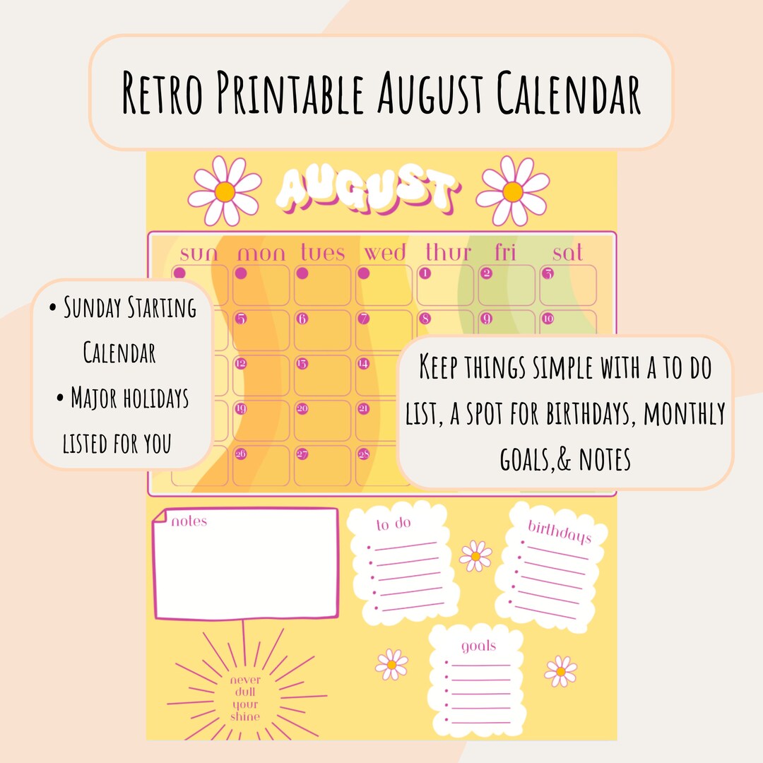 August 2024 Printable Retro Sunday Start Calendarprintable - Etsy