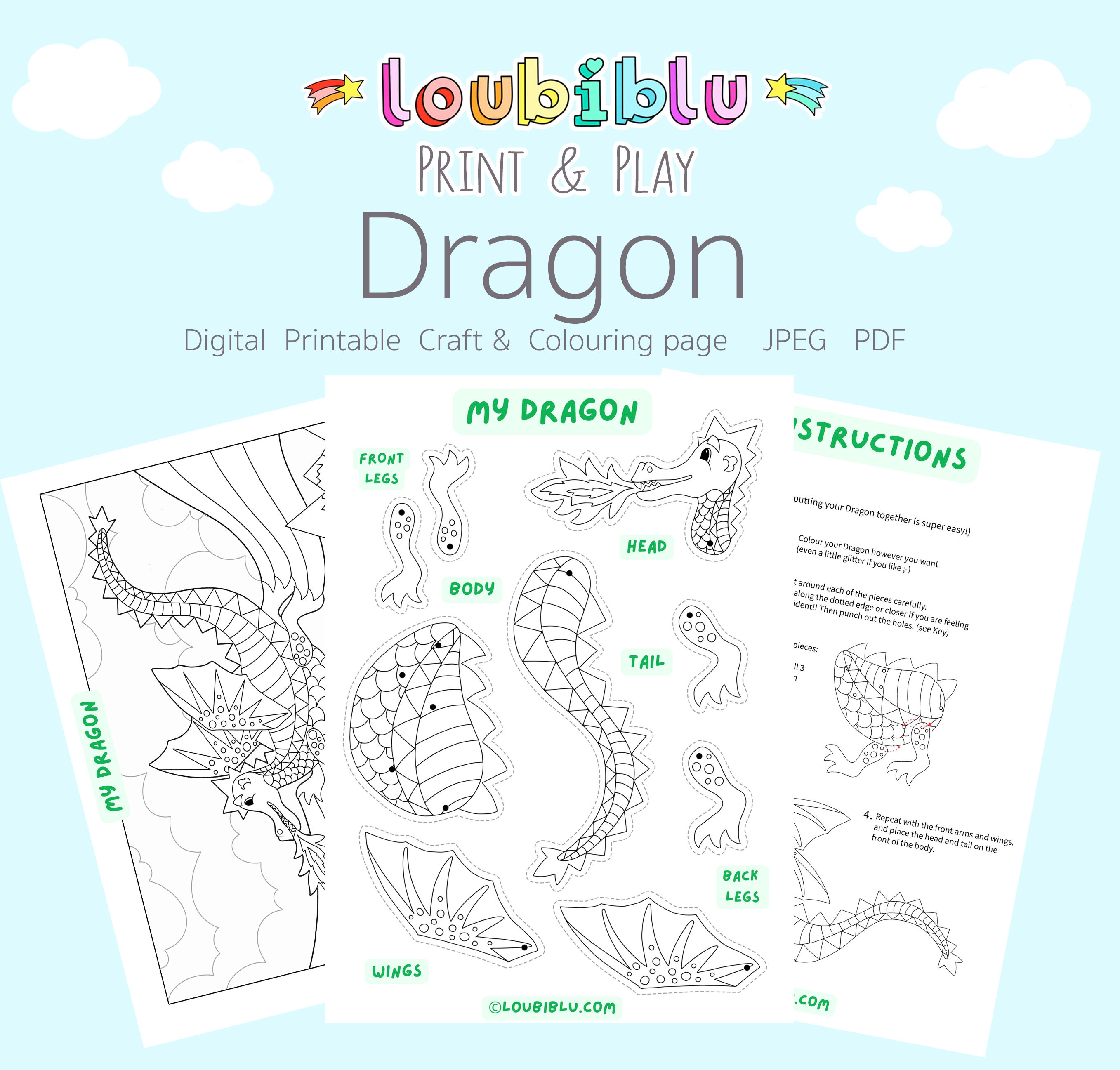 Dragon Printable Craft, Boys Colouring Page, DIY Dragon Party Activity ...