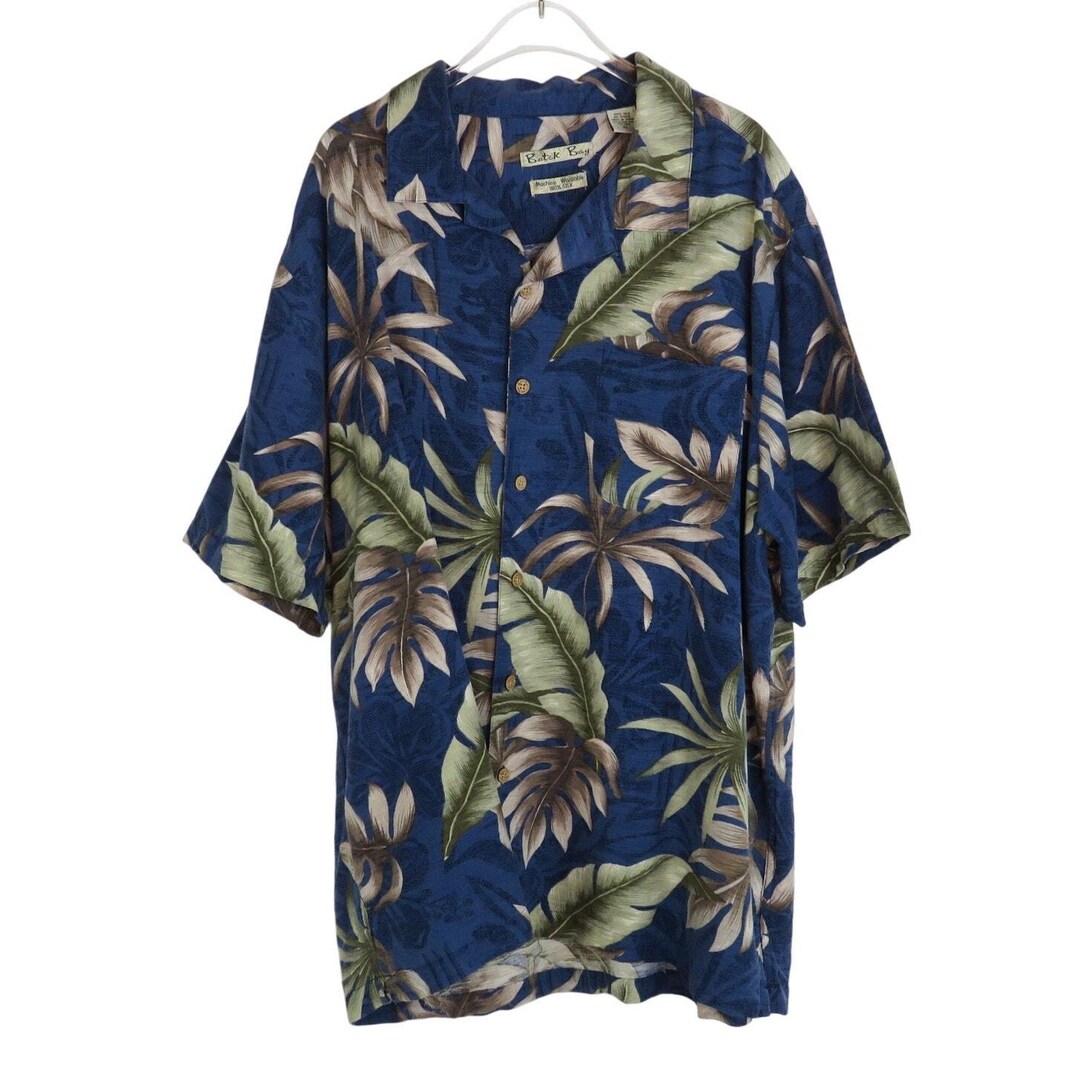 Batik Bay 1980s Vintage Hawaiian Blue Silk Tropical Floral Palm Leaf ...