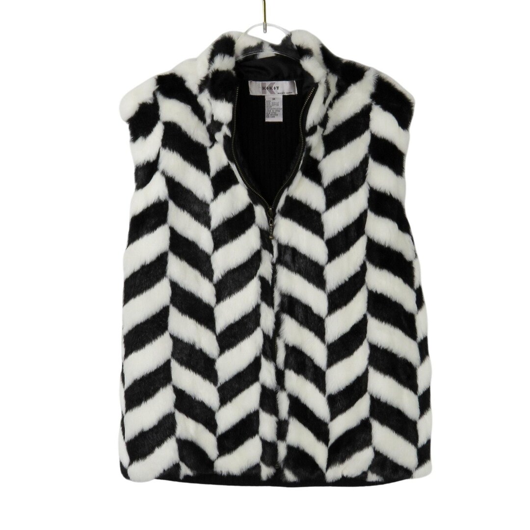 KIKIT Vintage Vest Black & White Chevron Checkered Fuzzy Faux Fur Vest ...