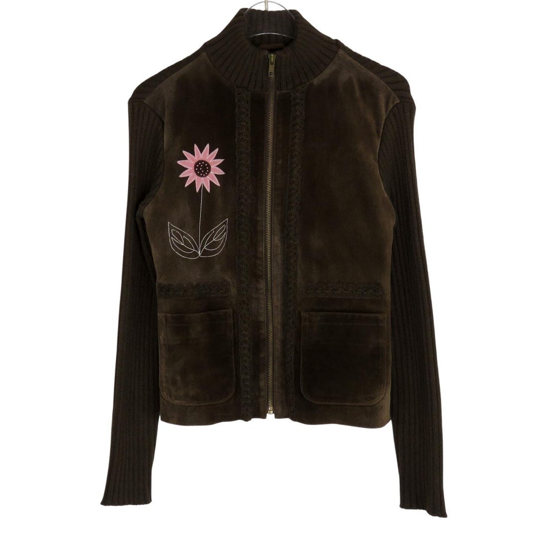 Paraphrase Y2K Brown Suede Jacket Pink Embroidered Flower Vintage ...