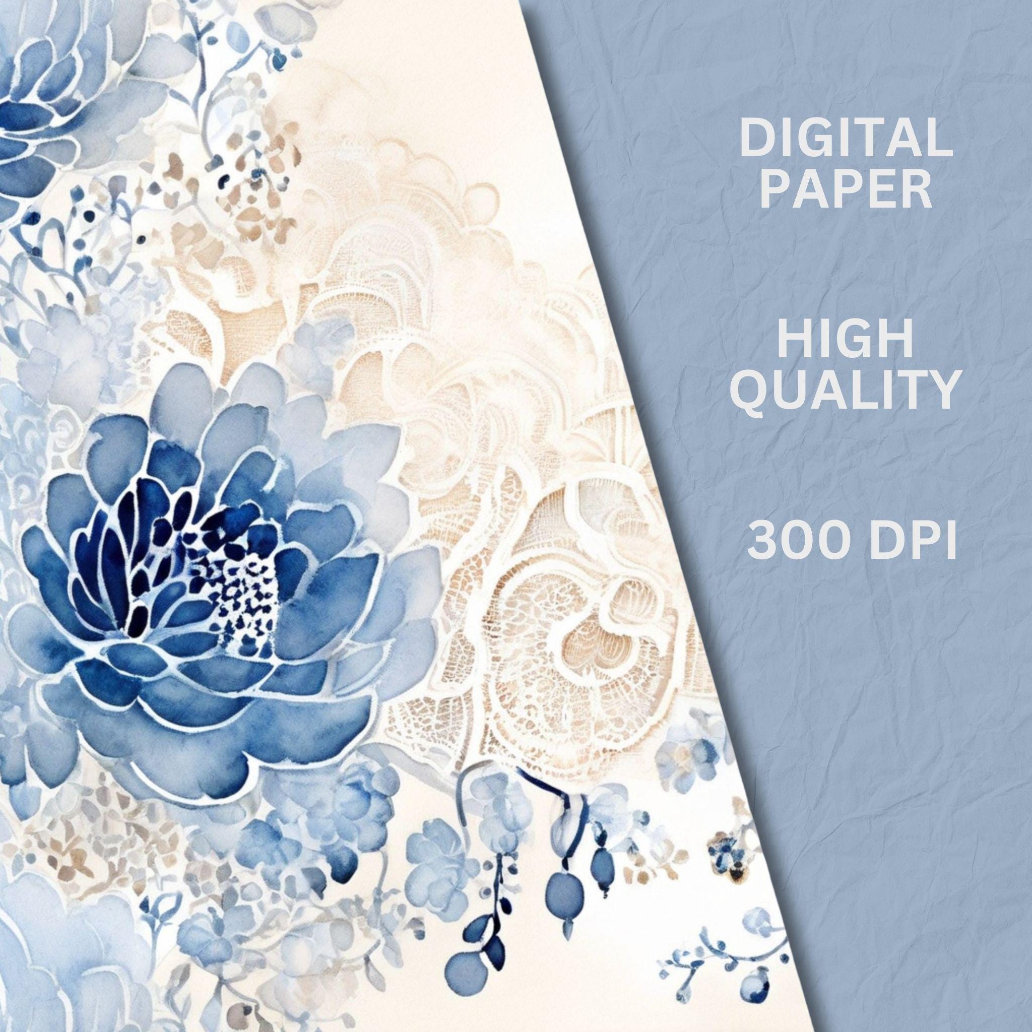 Dusty Denim & Ivory Chinoiserie Lace Digital Paper | Watercolor Flowers ...