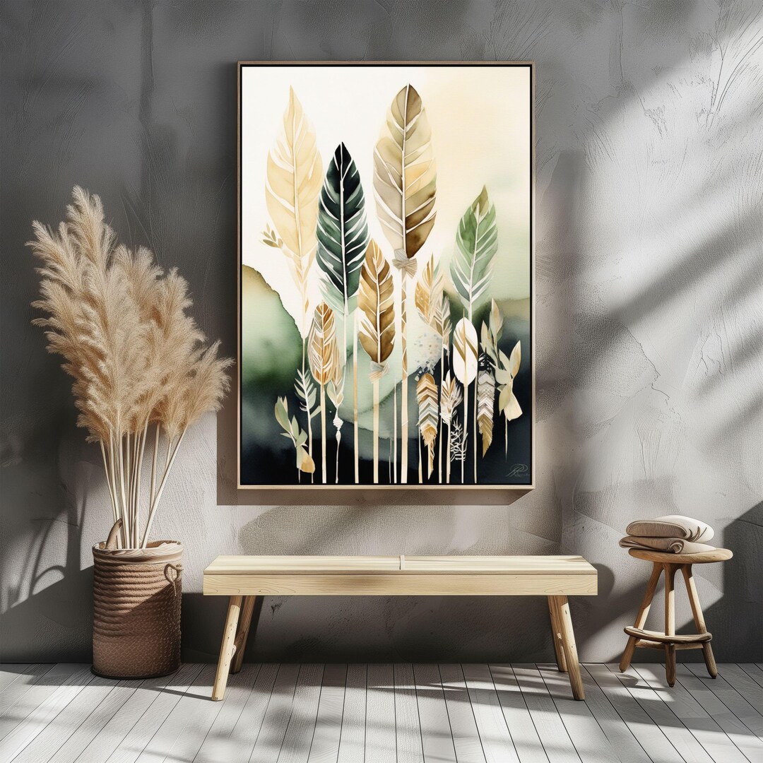 Earthy Feather Wall Art | Watercolor Calming Boho Bohemian Botanical ...