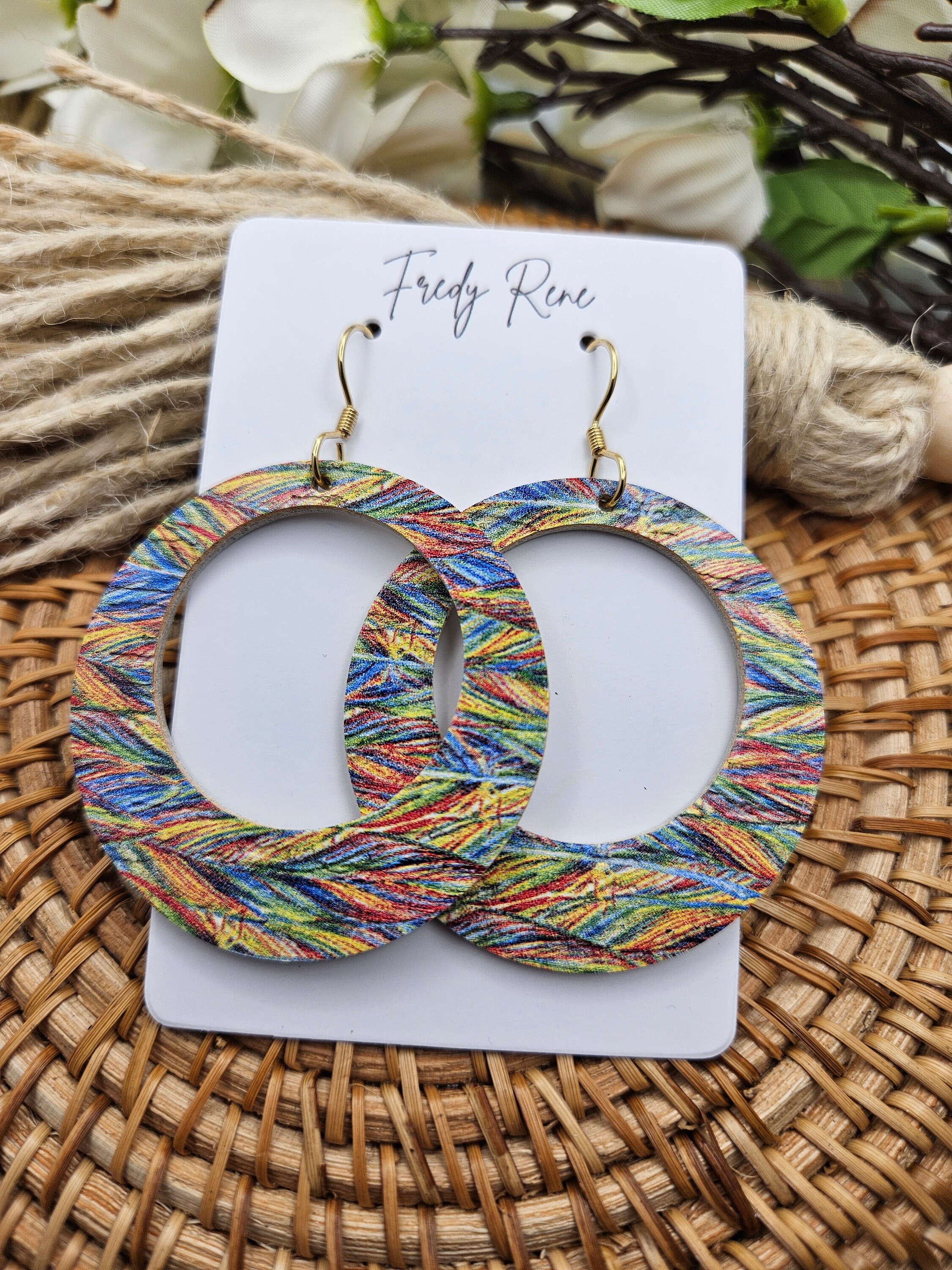 Rainbow Feather Cork Backed With Leather Circle Earrings - Etsy
