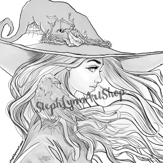 Printable Coloring Page Witch Girl Portrait a Little | Etsy
