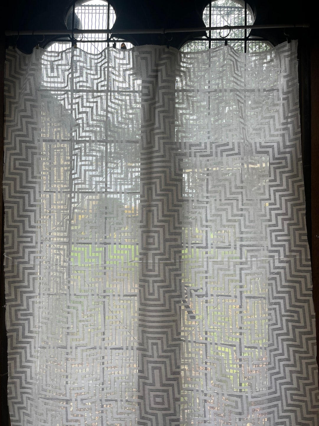 Geometric Maze Lace Curtain: Cotton Linen Blend, Pure White (43” X 39 ...