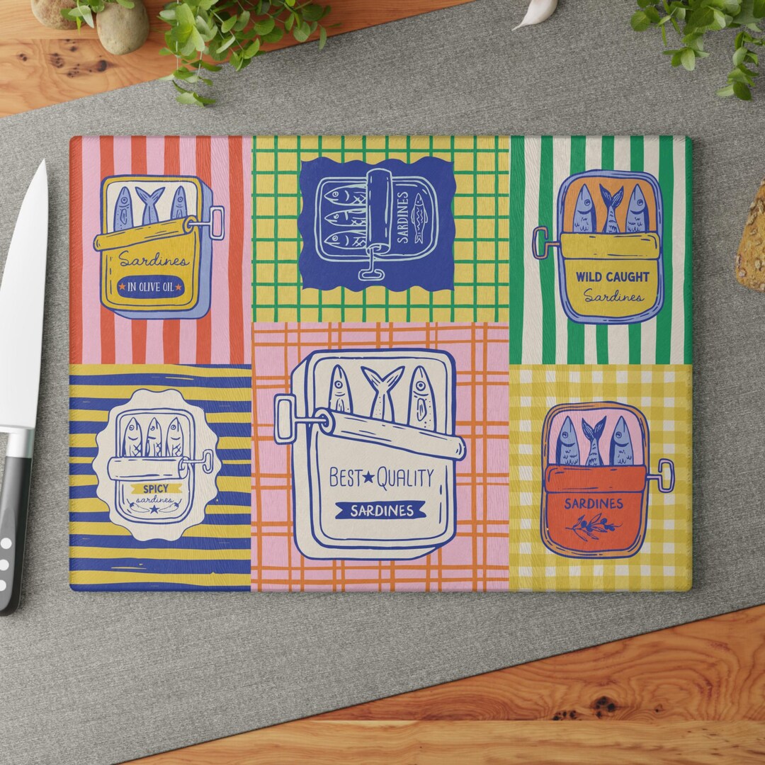 Retro Sardines Collage Glass Cutting Boards: 2 Sizes - Etsy