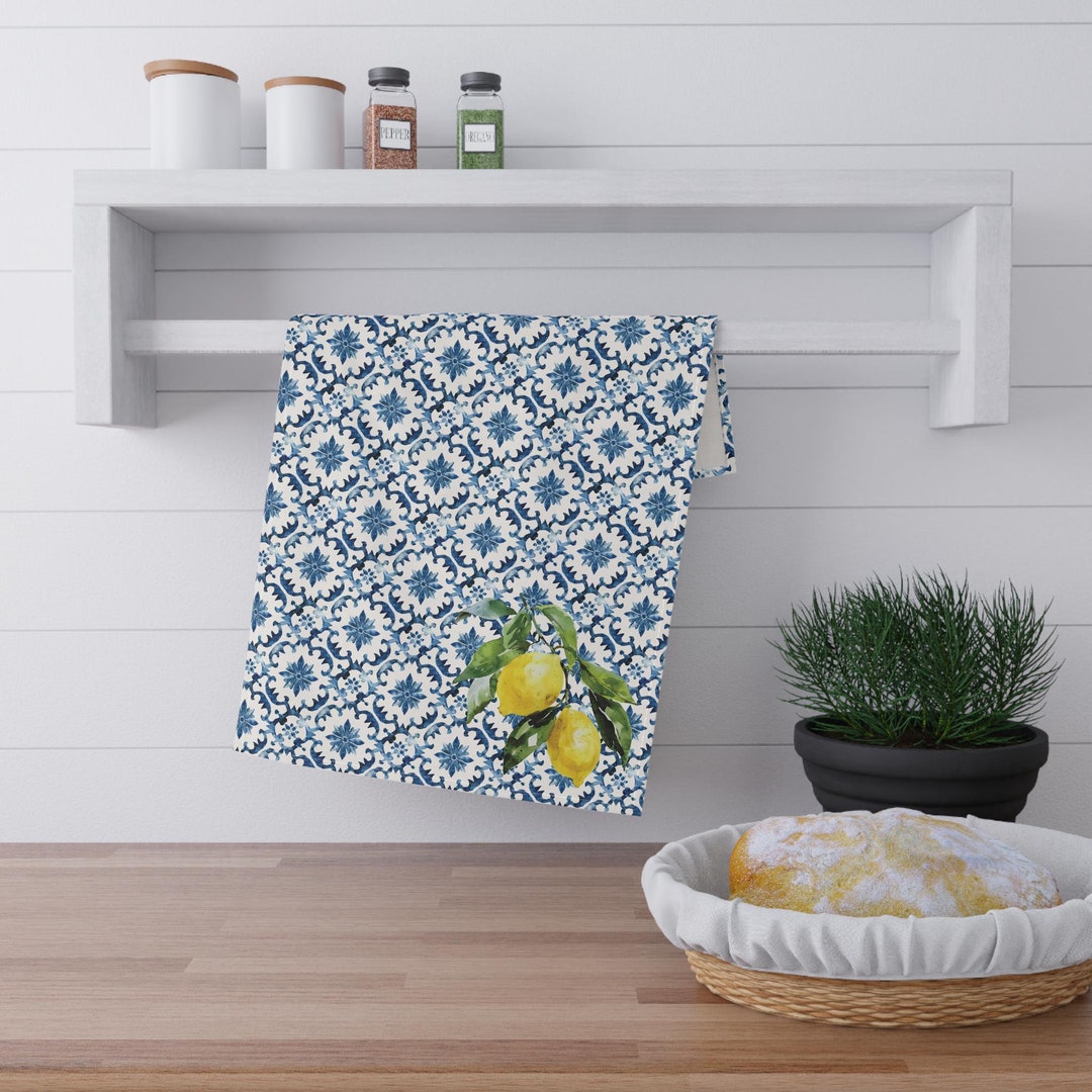 Italian Lemons Tea Towels - Blue Tile Pattern Kitchen Towels - Amalfi ...
