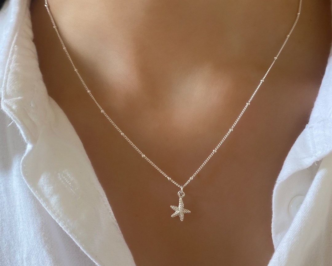 925 Sterling Silver Starfish Necklace, Beaded Necklace With Starfish ...