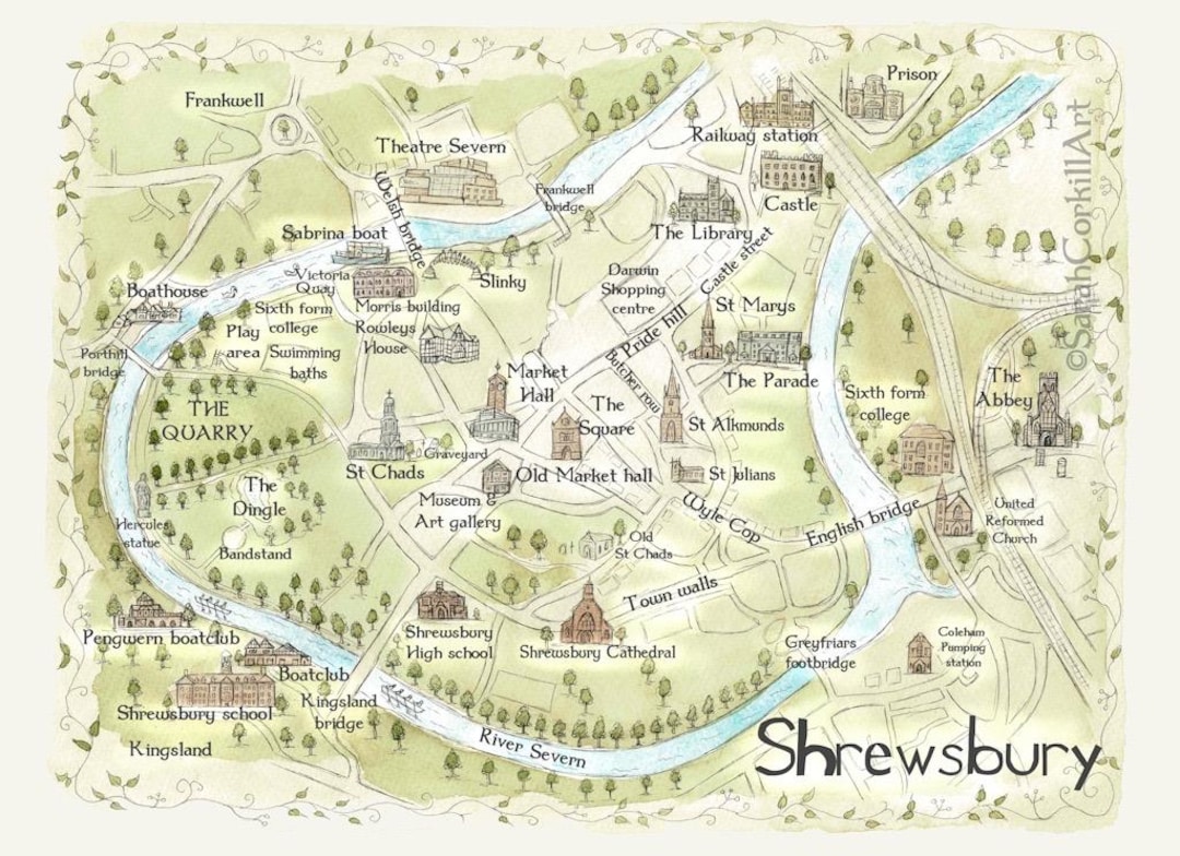 A4 Fine Art Print Map of Shrewsbury - Etsy