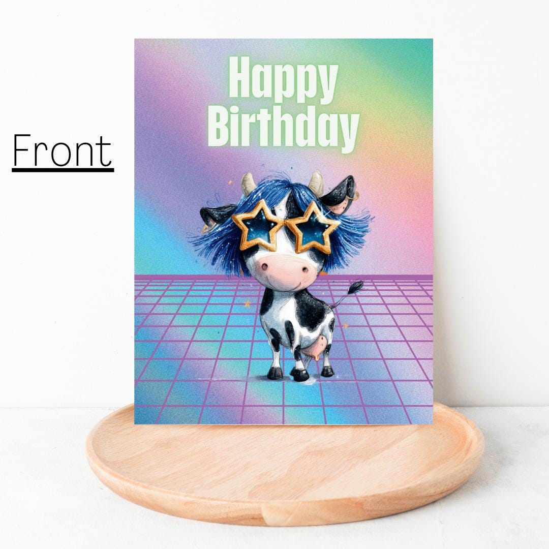 Udderly Lit Birthday Rave Cow With Blue Hair – Funny EDM Party Greeting ...