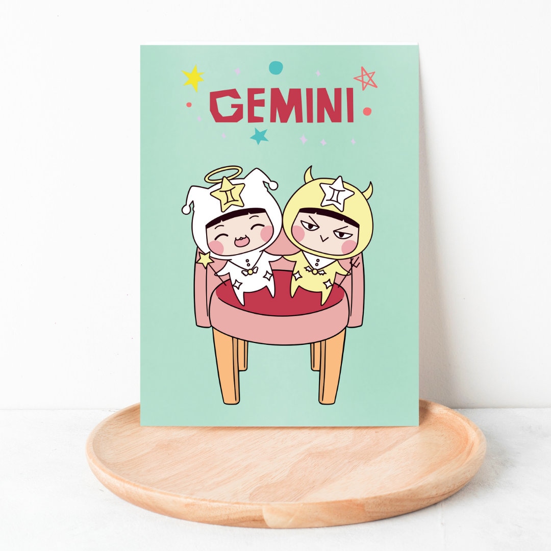 Cute Animated Cartoon Gemini in Chair Greeting Card| Cartoon Gemini ...