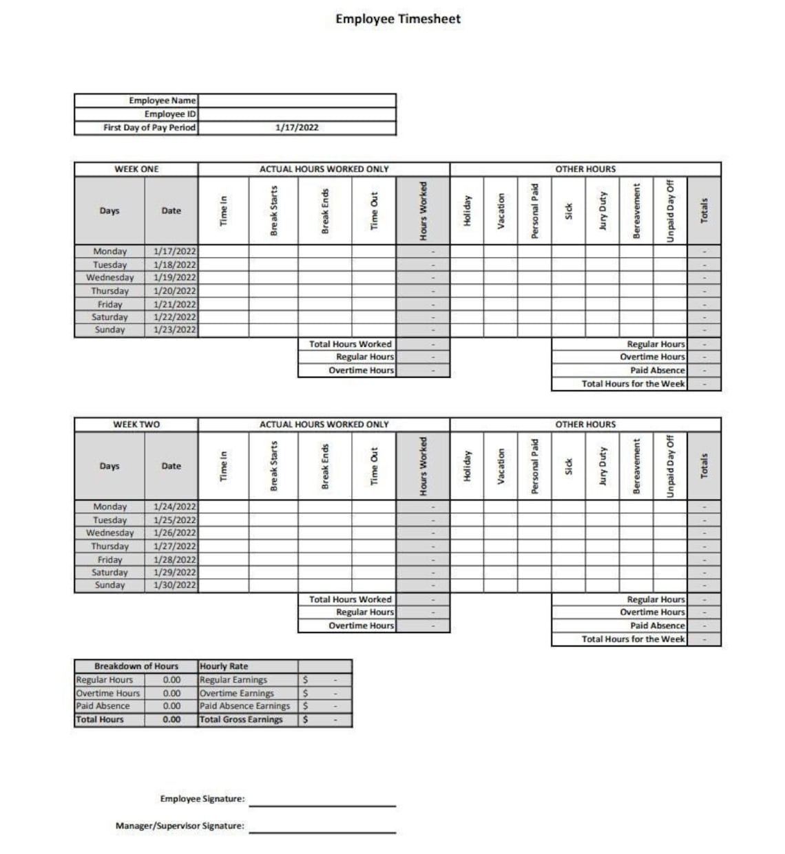 Biweekly Employee Timesheet Instant Download Editable and Printable ...