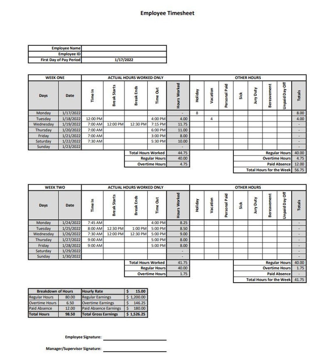Biweekly Employee Timesheet Instant Download Editable and Printable ...