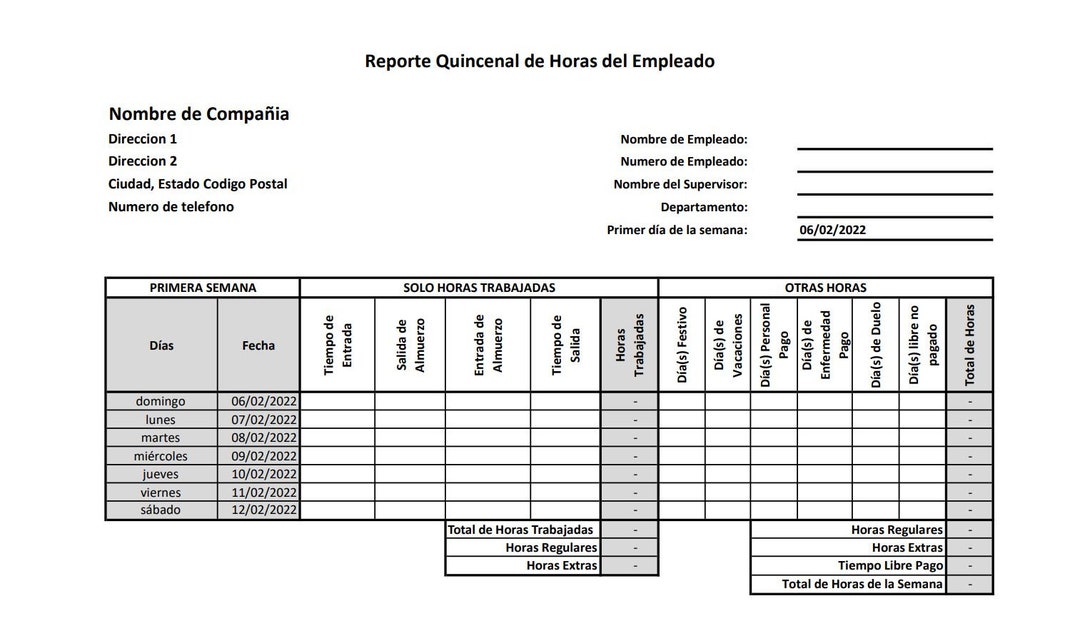 Reporte Quincenal De Horas Del Empleado Descarga Instantánea - Etsy