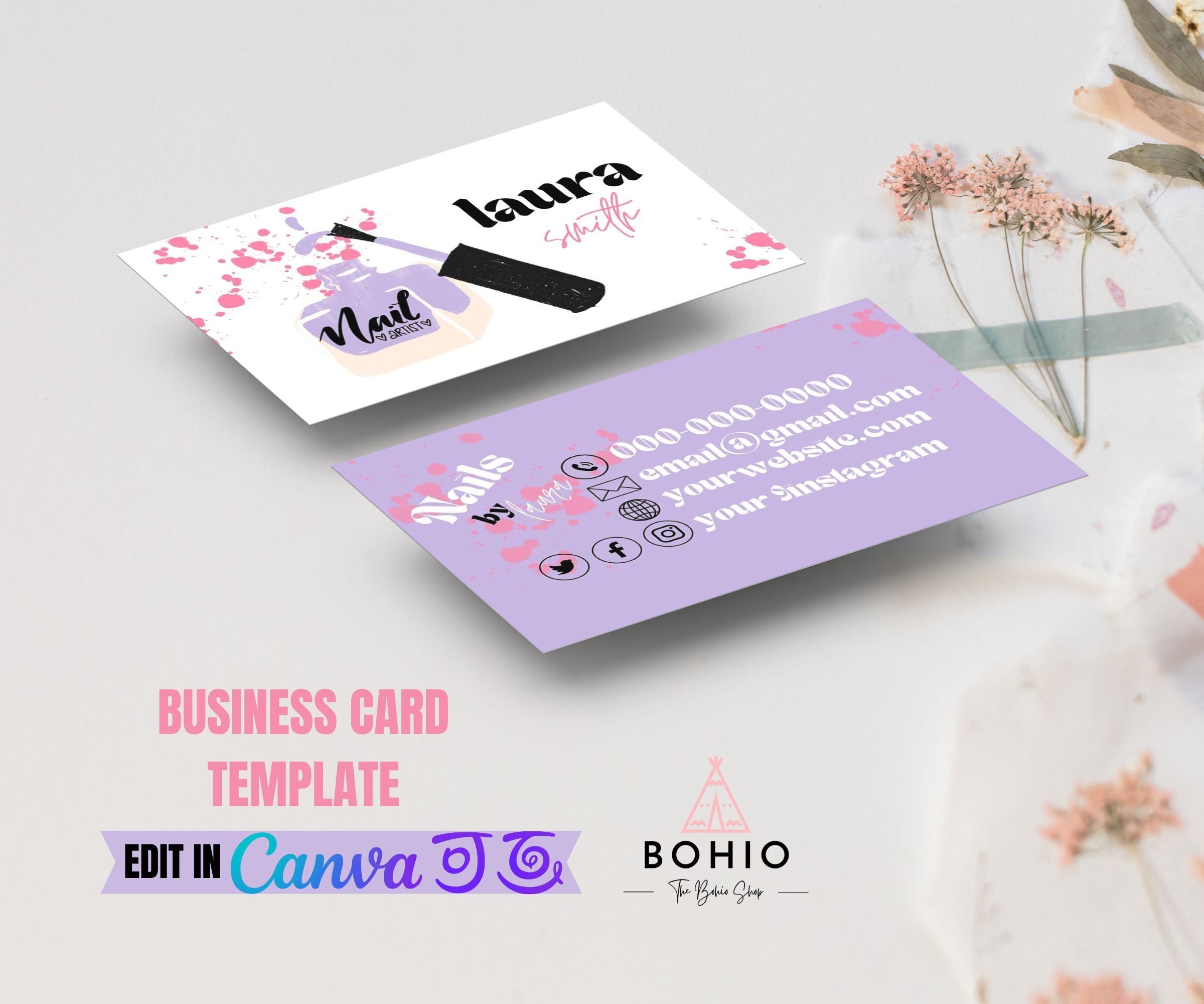 Editable Nail Artist Business Card Template, Canva Template, DIY ...