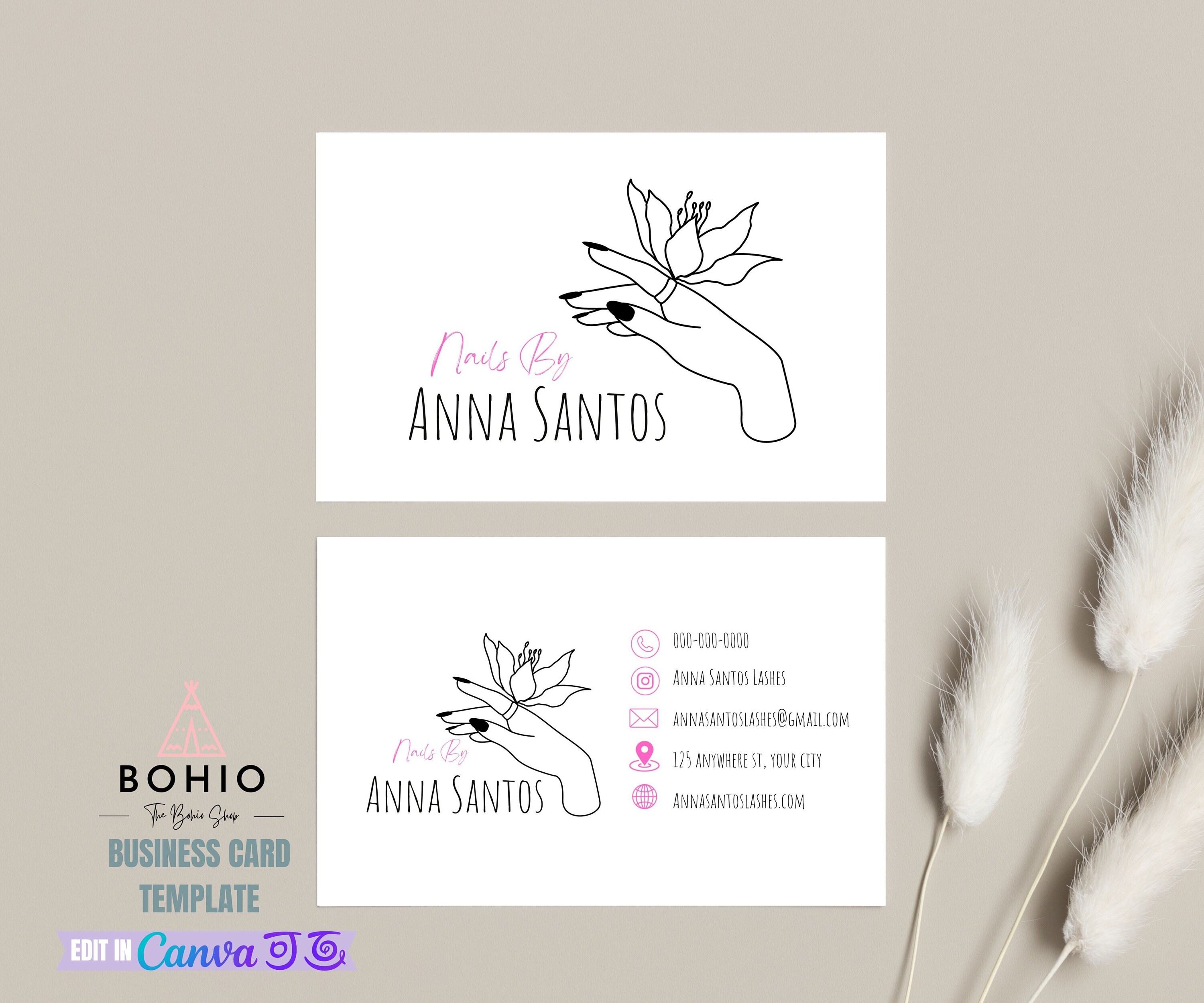 Editable Nail Artist Business Card Template, Canva Template, DIY ...