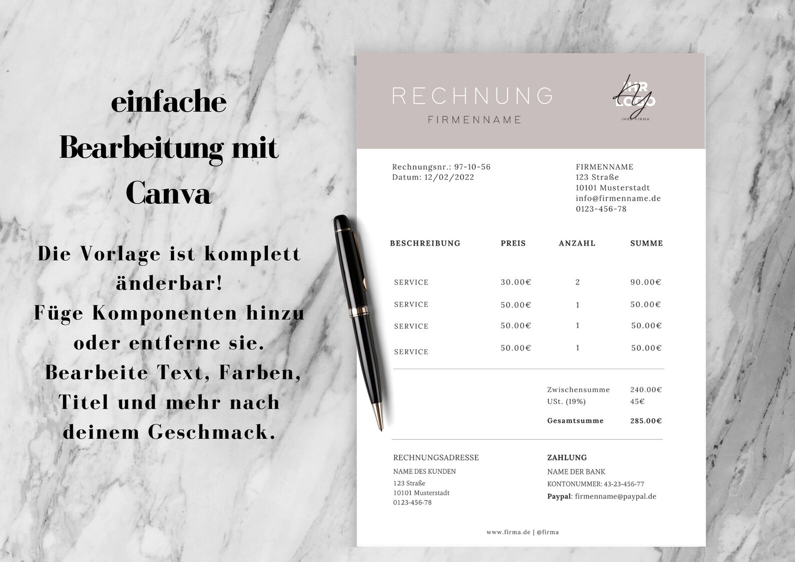 Rechnungsvorlage, Rechnungsblock, Kleinunternehmen, Invoice ...