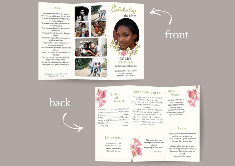 Editable Funeral Program | Tri-fold Obituary Template for Men and Women ...