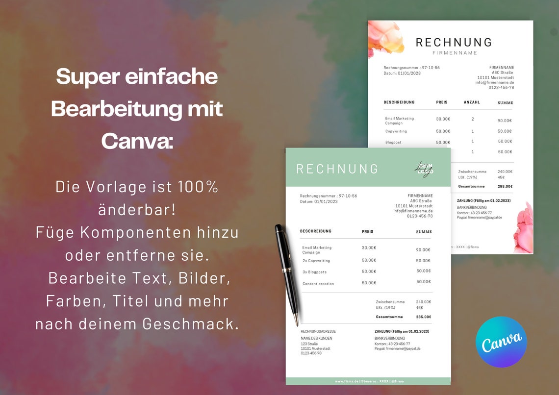 Rechnungsvorlage, Rechnungsblock, Kleinunternehmen, Invoice ...