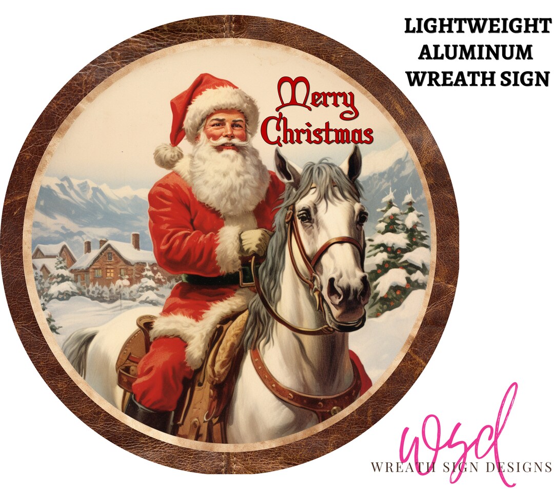 Merry Christmas Vintage Western Cowboy Santa- Winter Metal Wreath Sign ...