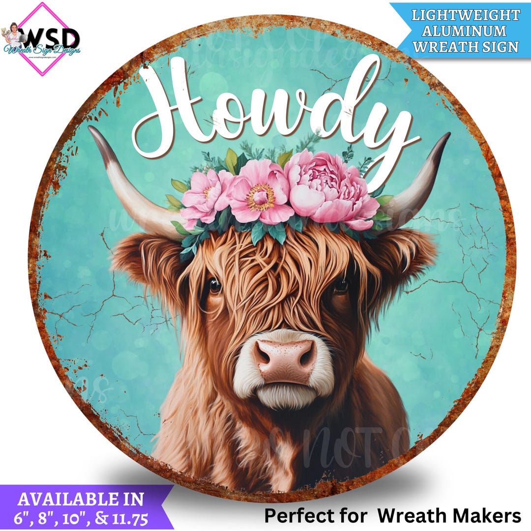 Howdy Highland Cow Peonies Wreath Sign for Front Door Wreaths & Home ...