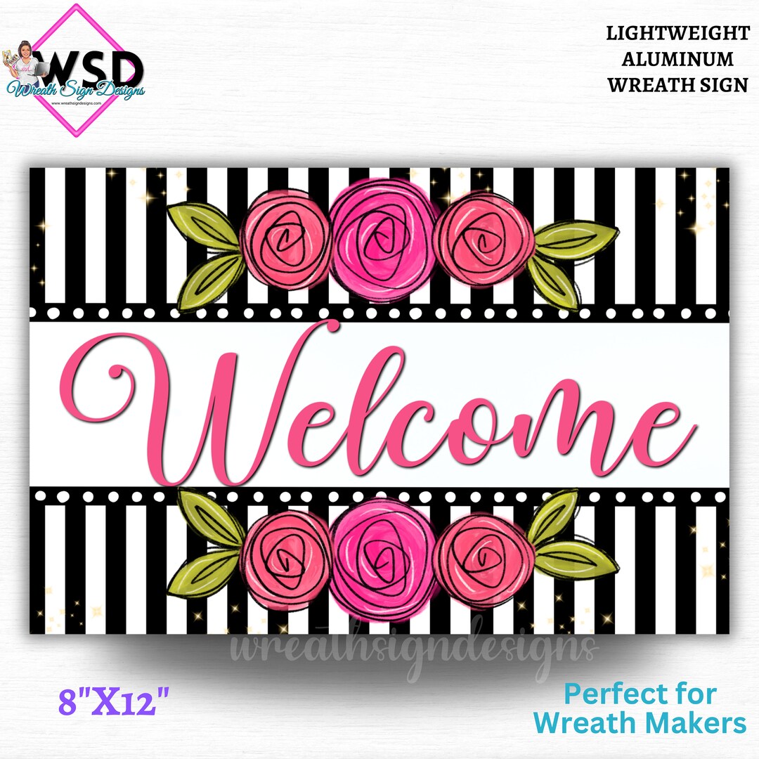 Welcome Black and White With Pink Flowers Welcome Wreath Sign for Your ...