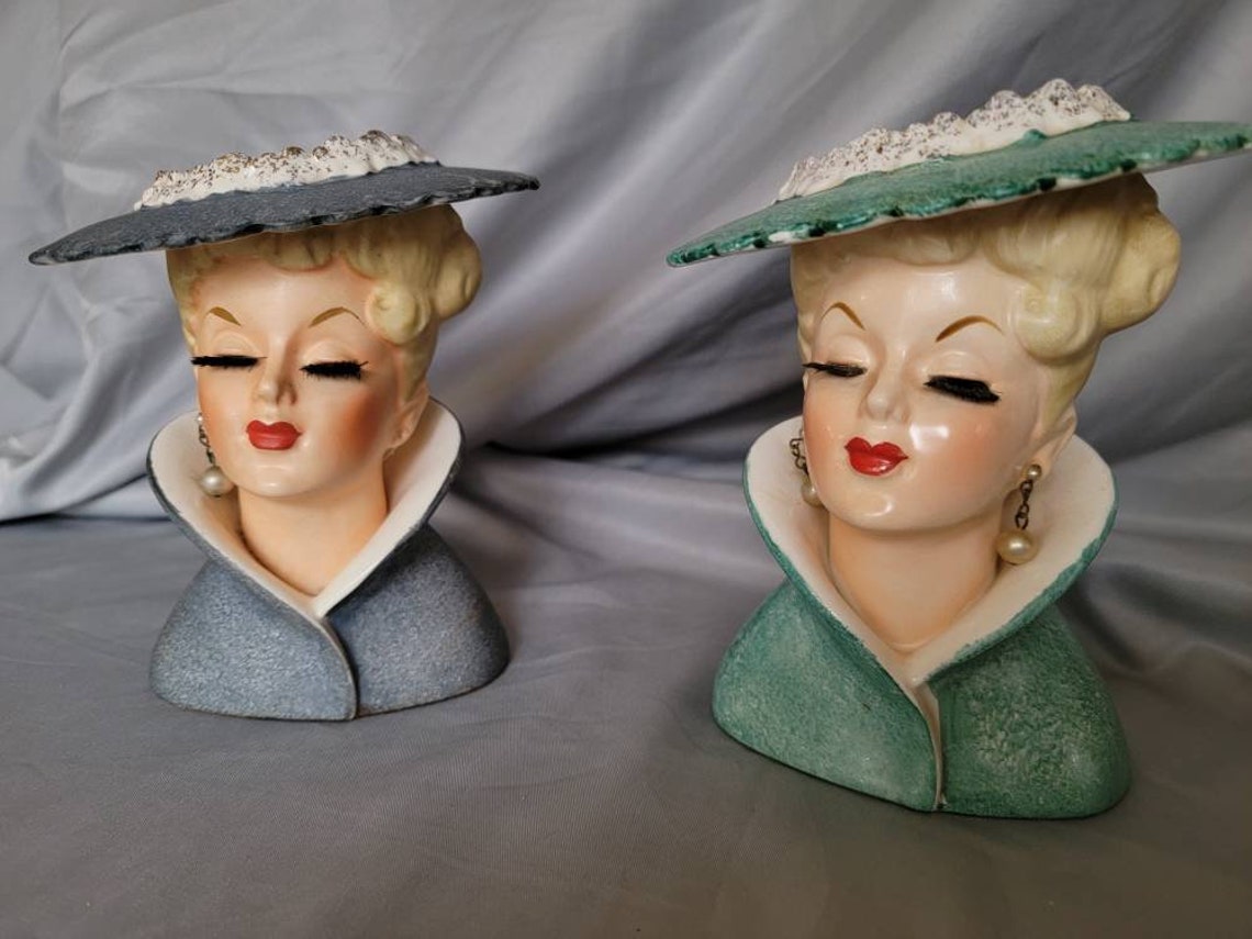 RARE PAIR Vintage Lady Head Vases NAPCO | Etsy