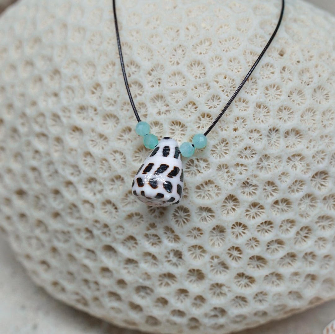 Natural Dark Spotted Hebrew Cone Shell Necklace With Amazonite Stones ...