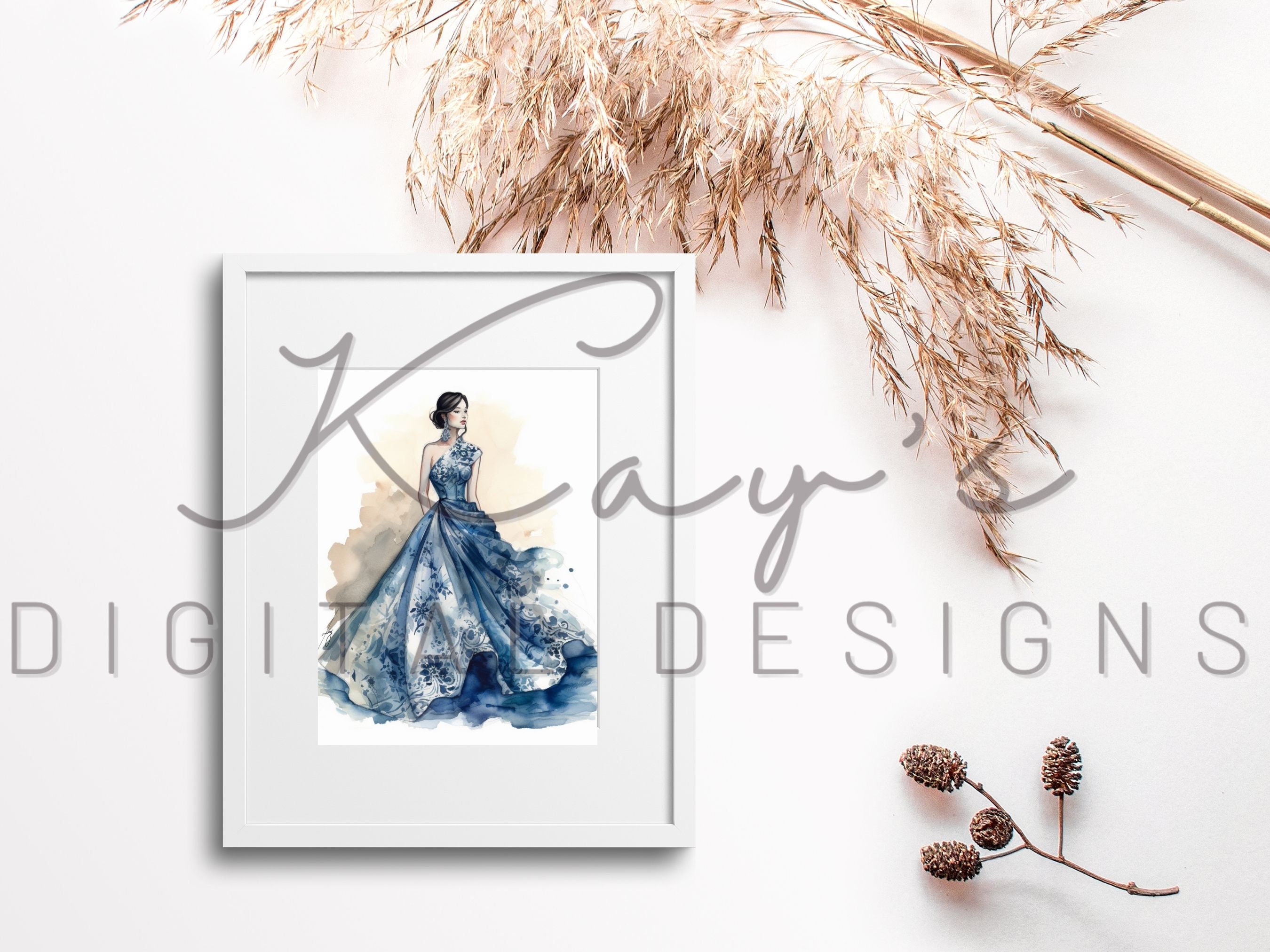 Azure Gown Fashion Illustration Printable Art Download Digital ...