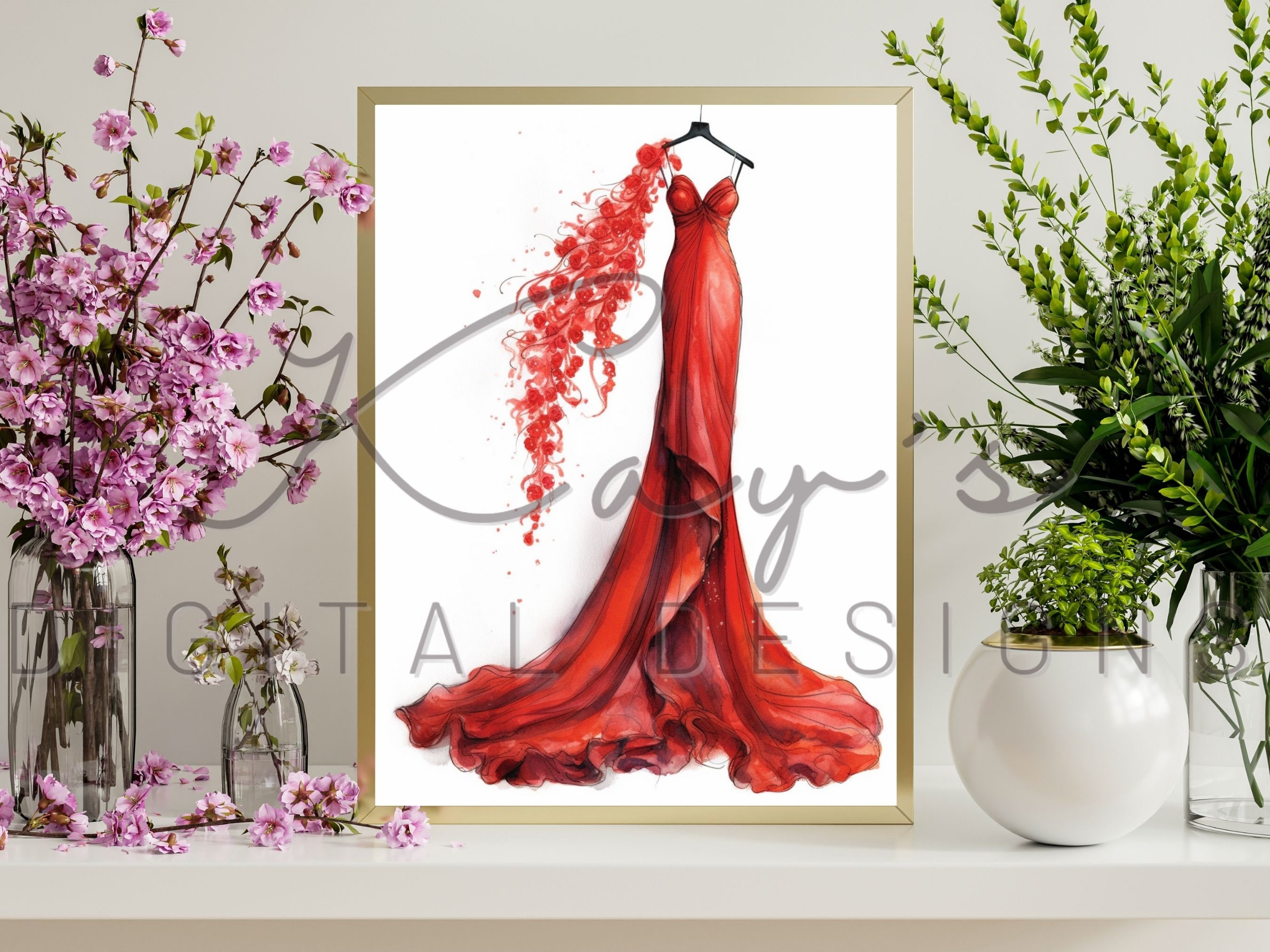 Remi Dress Fashion Illustration Art Instant Digital Download Printable Wall Decor Poster Ruby ...