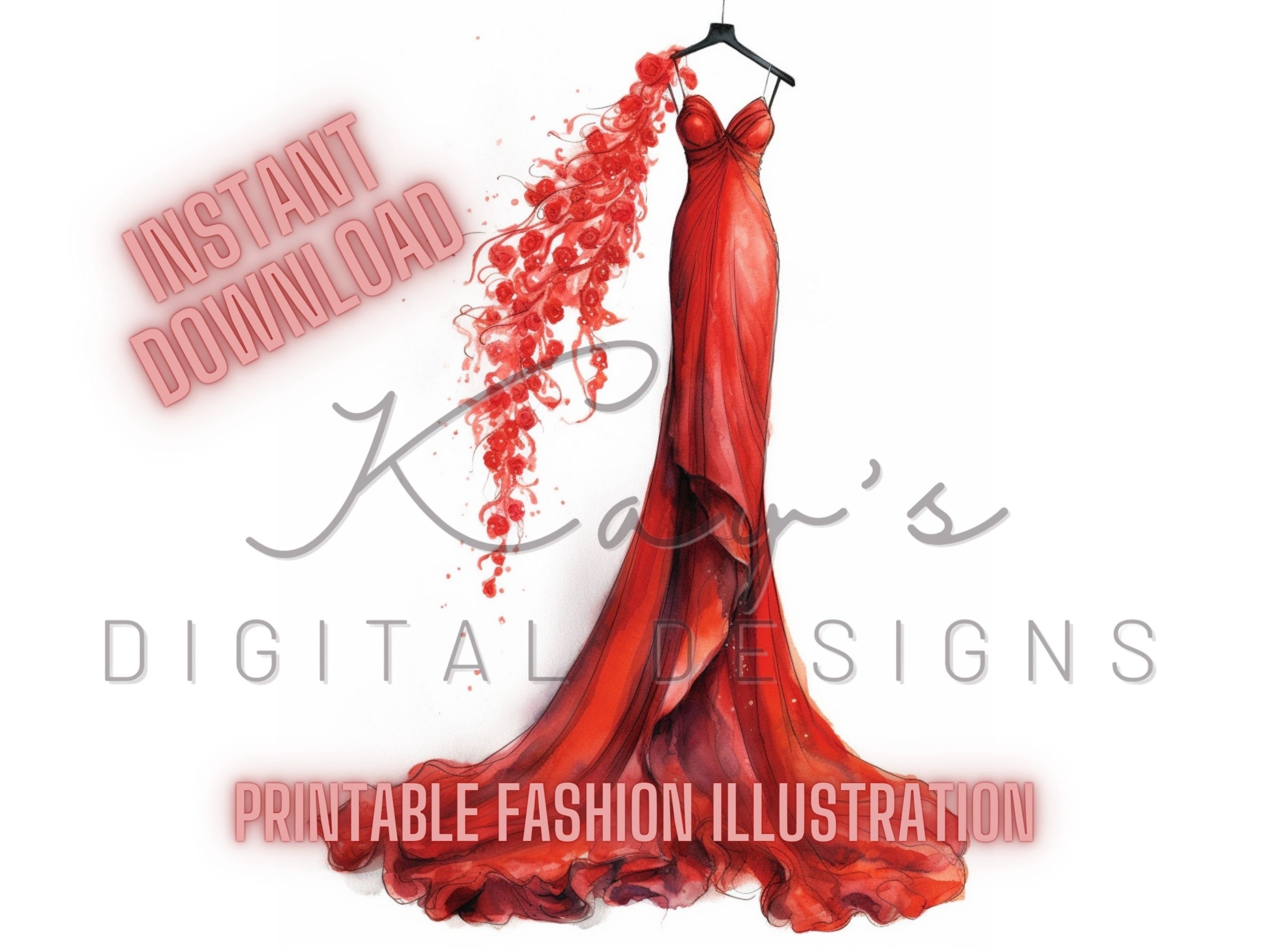 Remi Dress Fashion Illustration Art Instant Digital Download Printable Wall Decor Poster Ruby ...