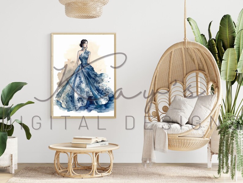 Azure Gown Fashion Illustration Printable Art Download Digital ...