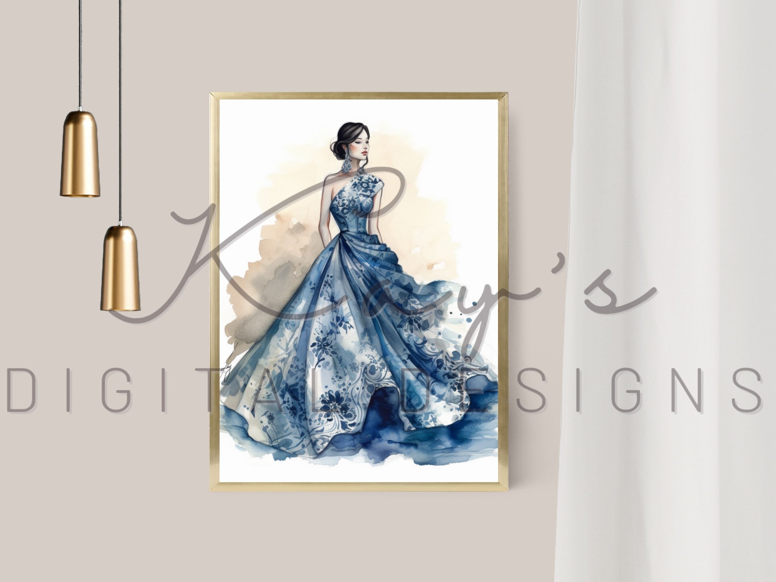 Azure Gown Fashion Illustration Printable Art Download Digital ...