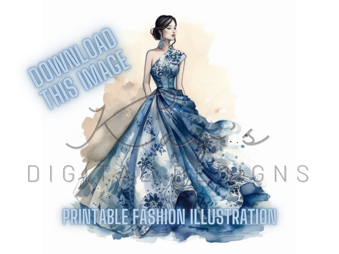 Azure Gown Fashion Illustration Printable Art Download Digital ...