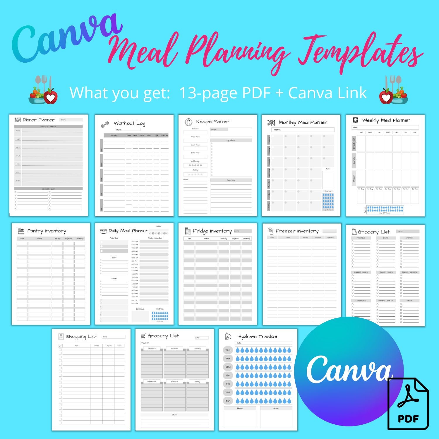 Editable Meal Planner in Canva | Canva Template Pack | Recipe Templates ...