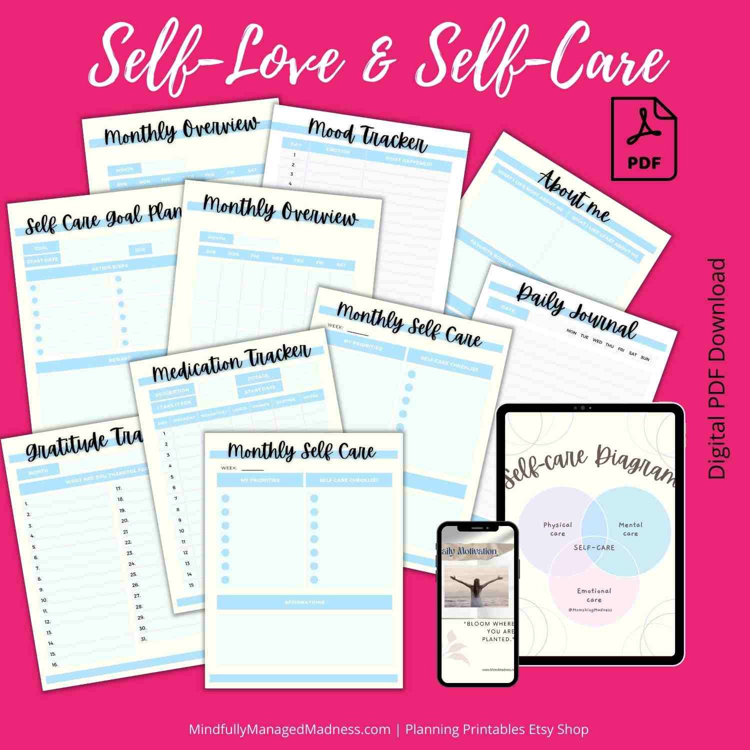 Self Love Self Care Printable Worksheets Journal Planner Mental