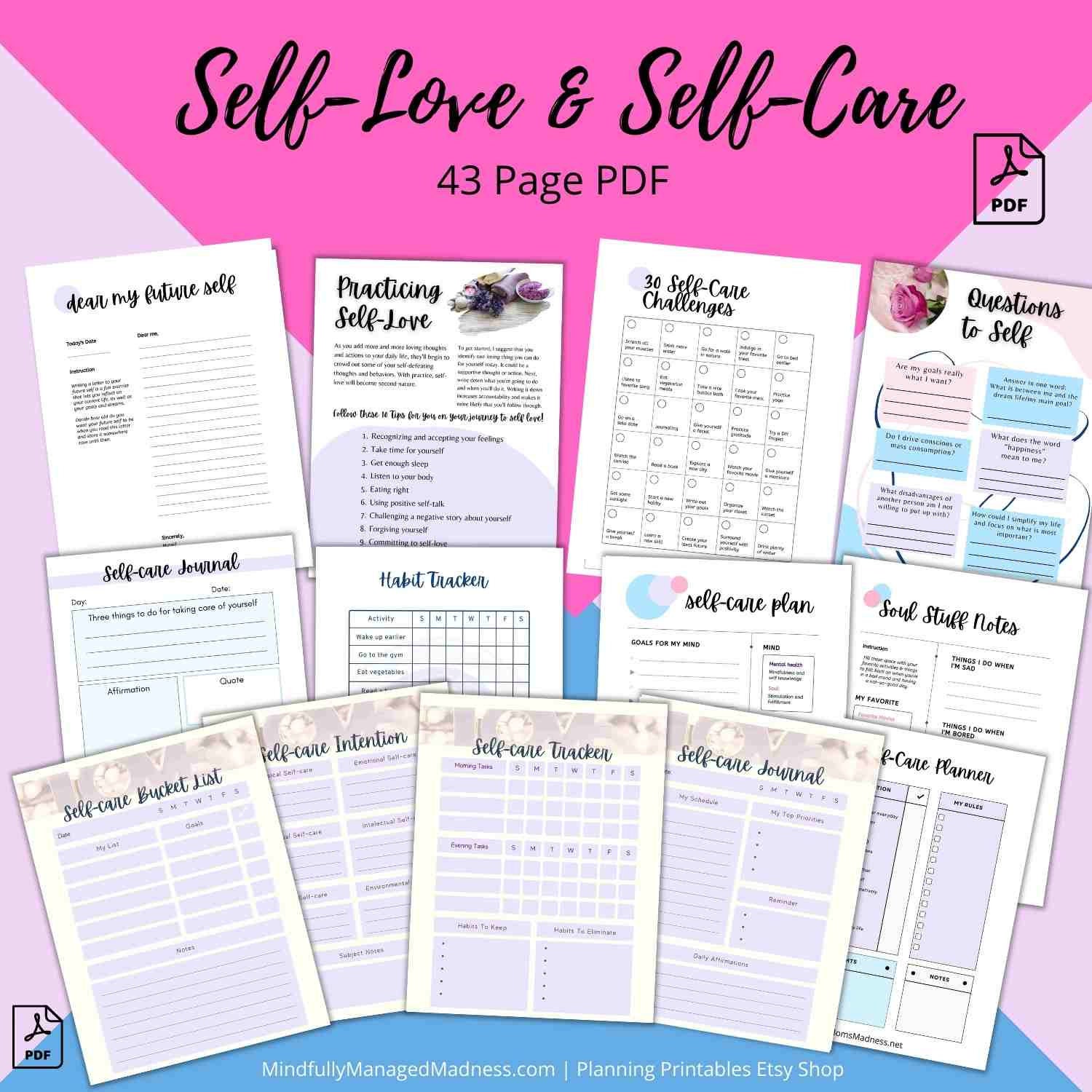 Self Love Self Care Printable Worksheets Journal Planner Mental