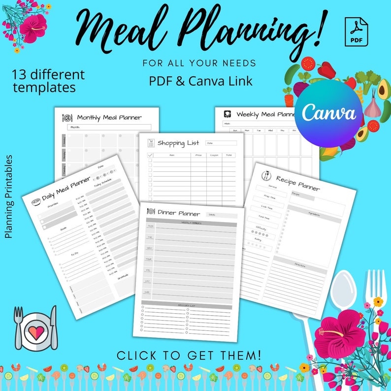 Editable Meal Planner in Canva | Canva Template Pack | Recipe Templates ...